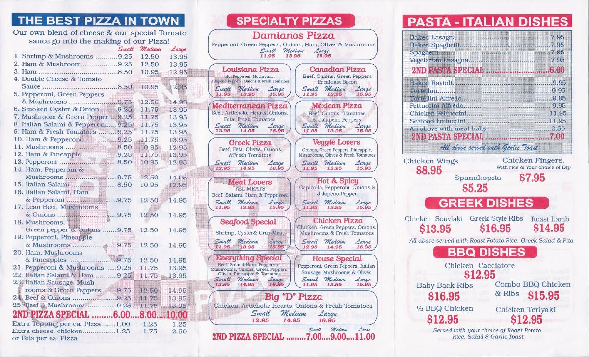 Menu at Damianos Pizza pizzeria, Langley Township