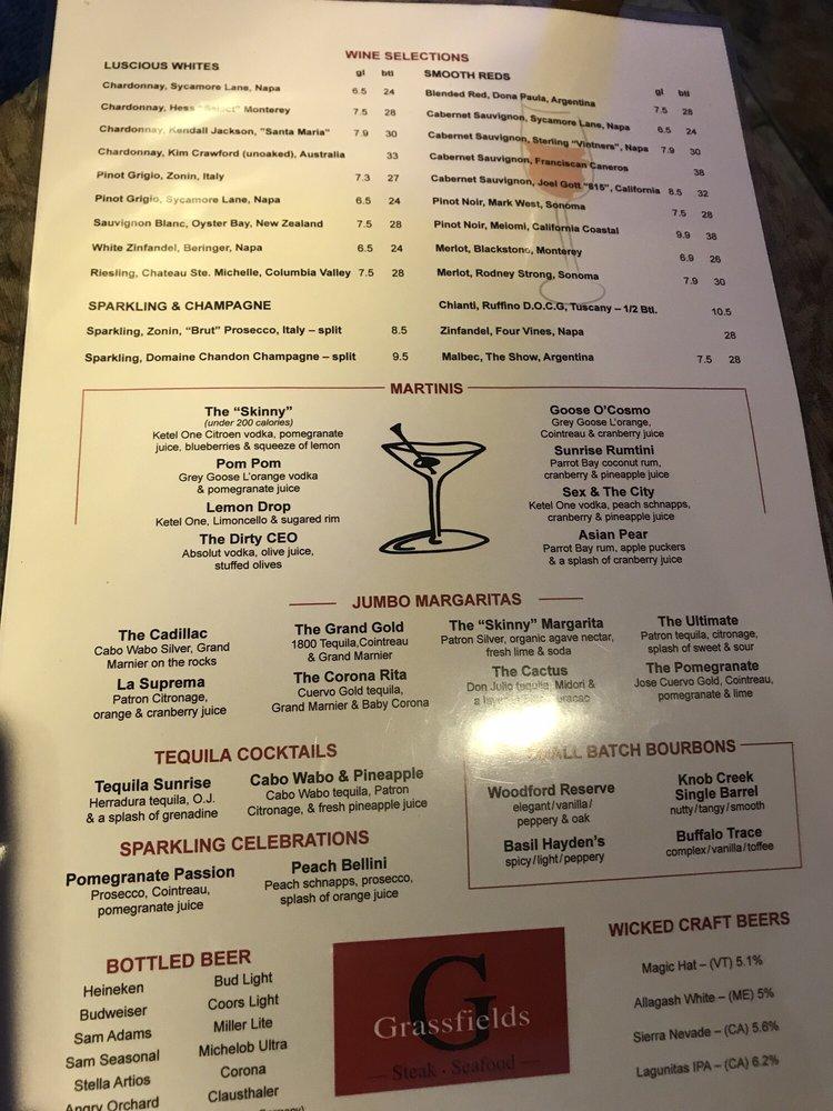 Menu at Grassfields steakhouse, Waltham