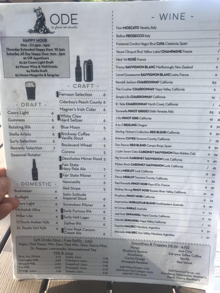 Menu at Ode to Food and Drinks pub & bar, Sioux Falls