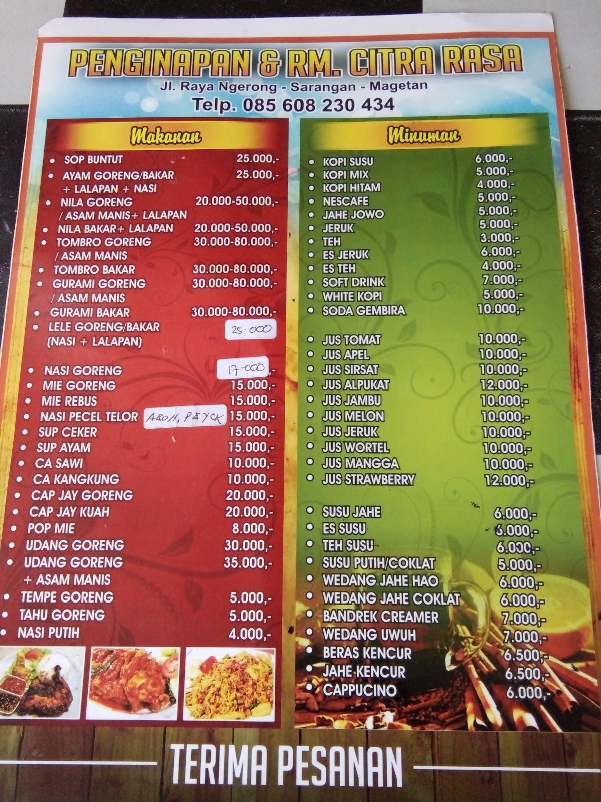 Menu at Rumah Makan Citra Rasa restaurant, Sarangan