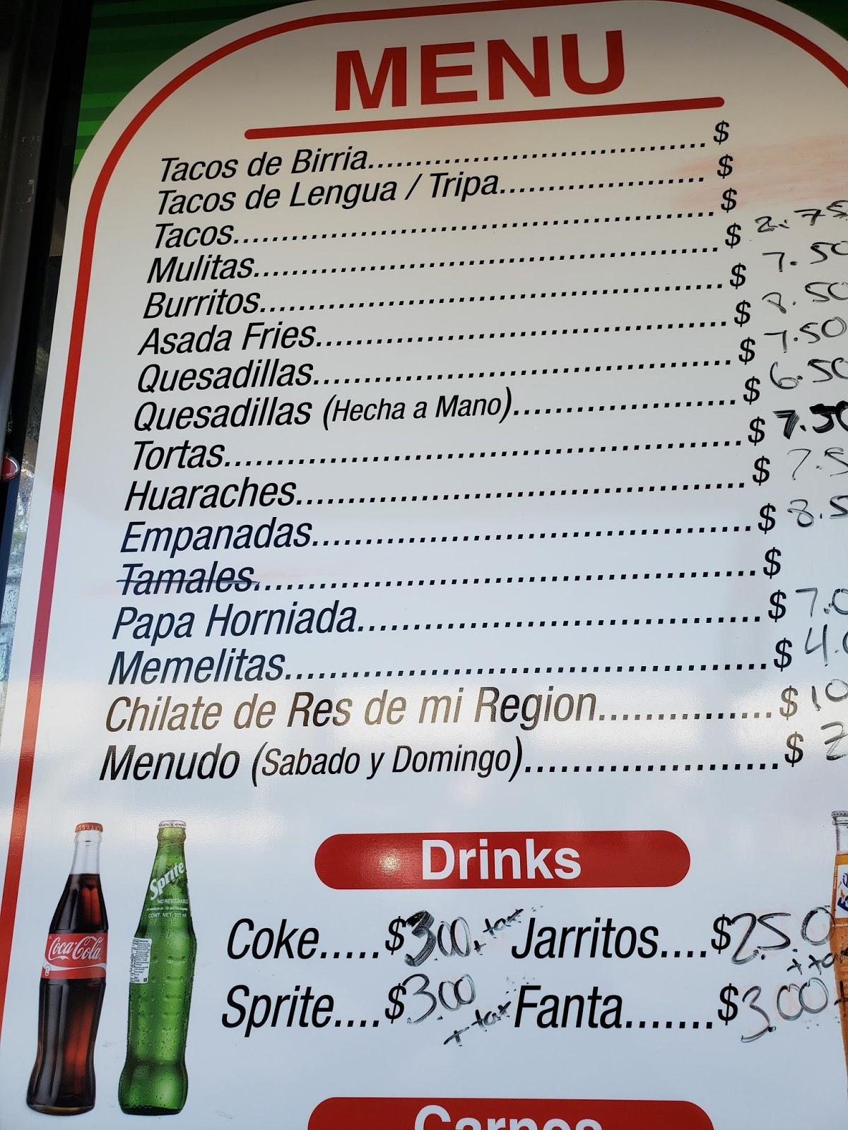 Menu at Tacos De La Region Mixteca restaurant, Oxnard