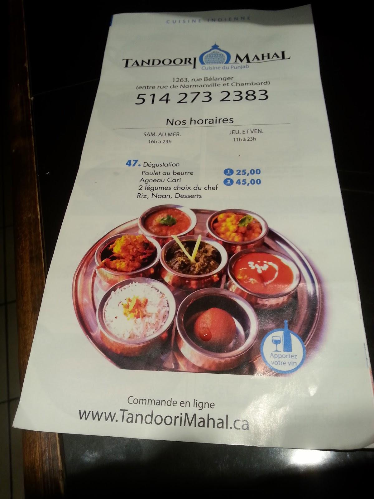 Menu au Tandoori Mahal Restaurant Indien, Montréal, Rue Bélanger