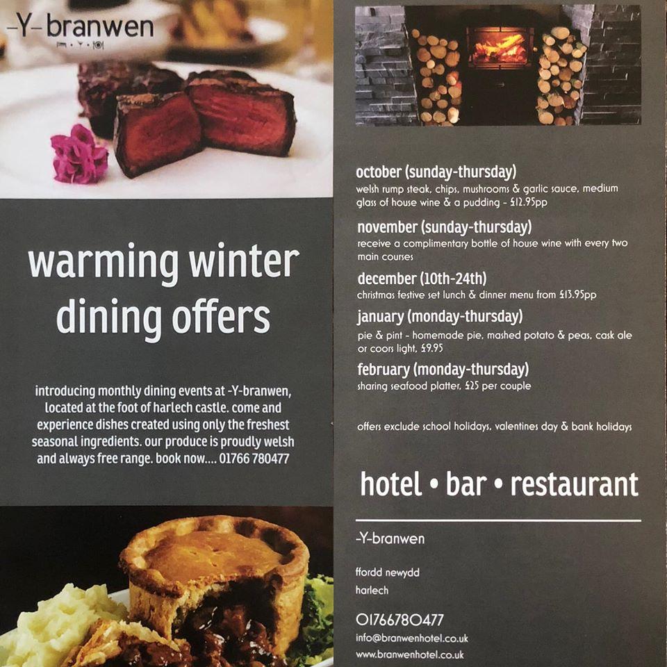 Menu at -Y- Branwen restaurant, Harlech