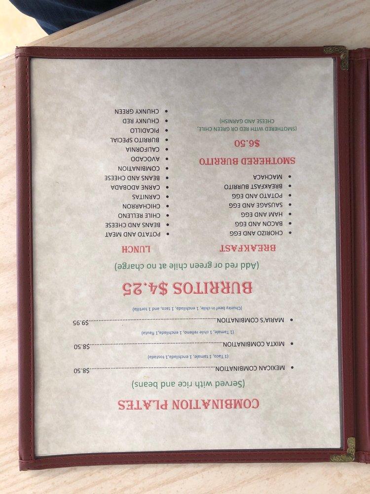 Menu at El Burrito Caliente restaurant, Bayard