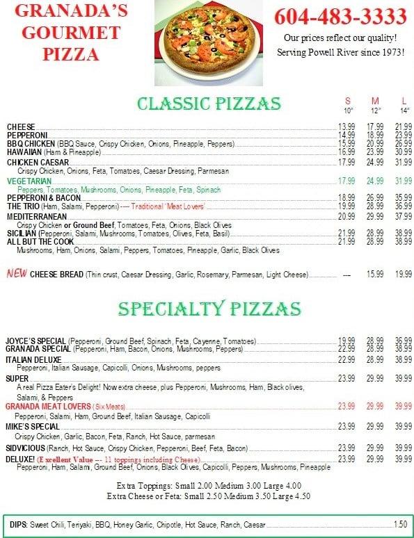 Menu at Granada Restaurant & Pizza, Powell River