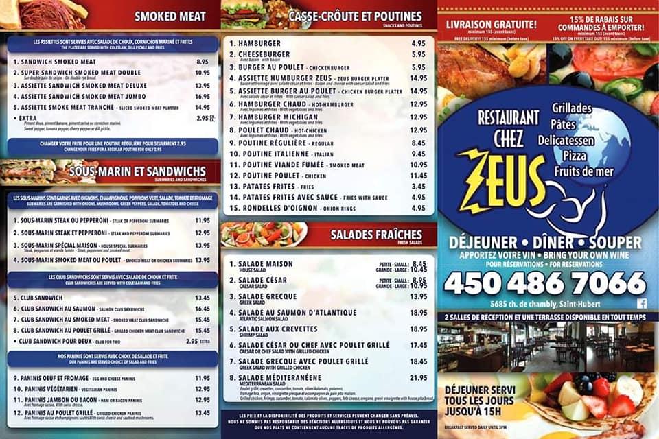 Menu au Restaurant Chez Zeus, Montréal