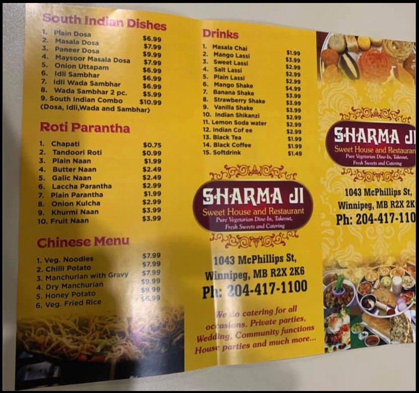 Menu at Sharma Ji Sweet House and Restaurant, Winnipeg