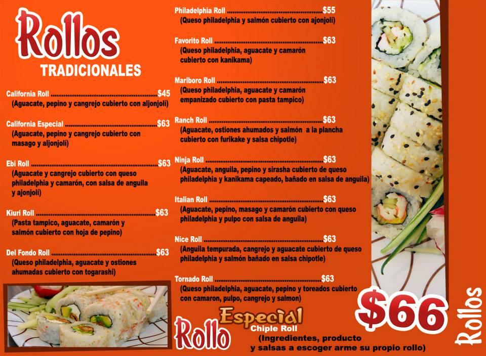 Menu at Sushi que rollo centro restaurant, Chihuahua