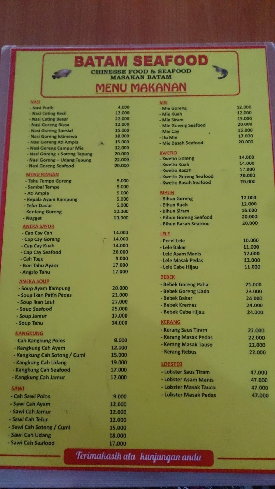 Menu at Batam Sea Food restaurant, Banjarnegara