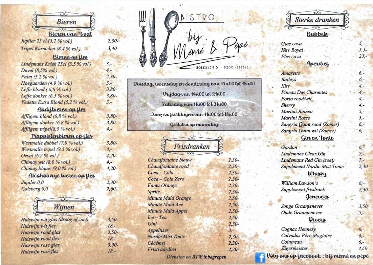 Menu at Bij Mémé en Pépé, Lebbeke