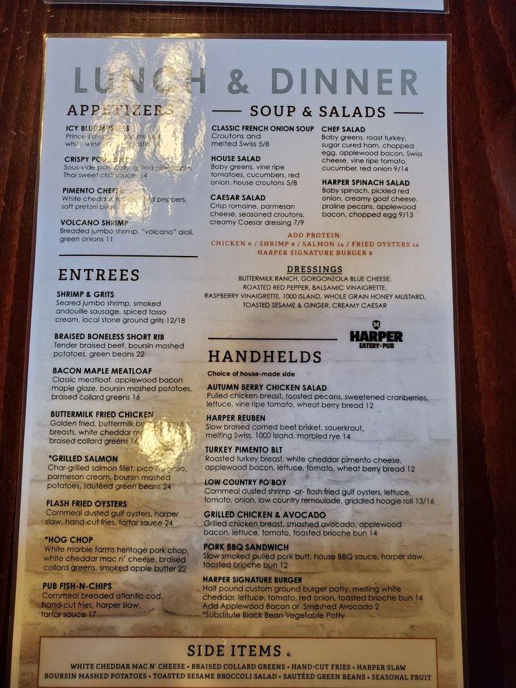 Menu at Harper Eatery & Pub, Tryon