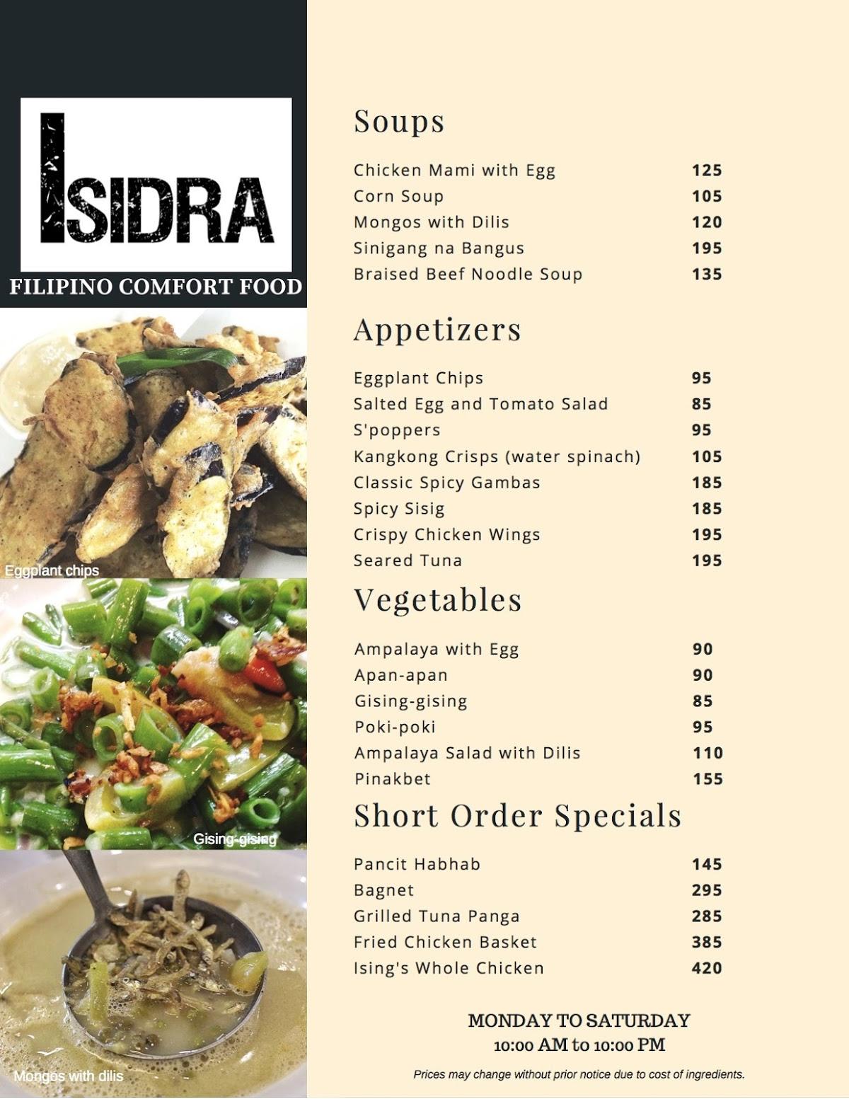 Menu at Isidra Comfort Cantina restaurant, Cebu City, Barrio Luz