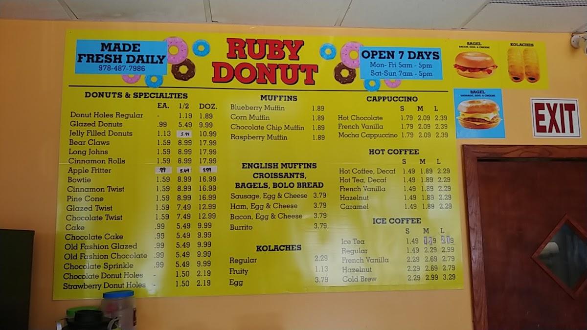 Menu at Ruby donut shop cafe, Ayer