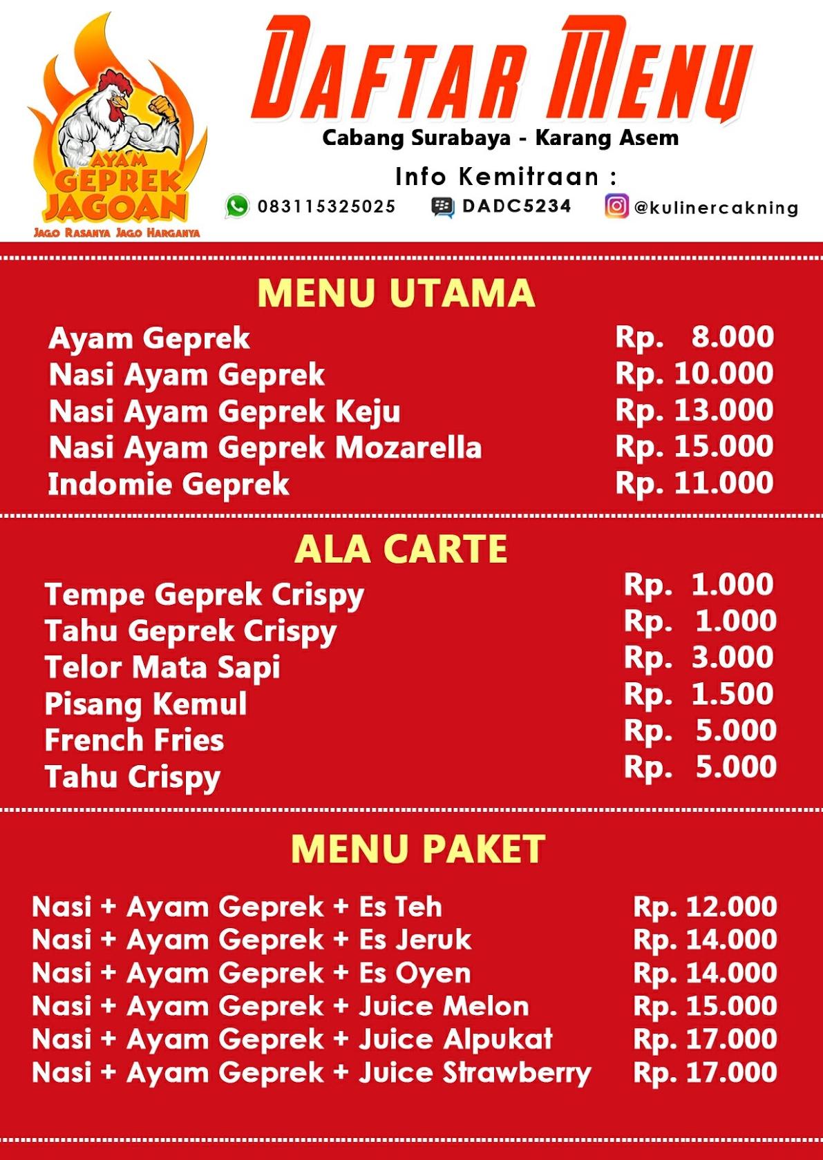Menu at Ayam Geprek Jagoan restaurant, Surabaya