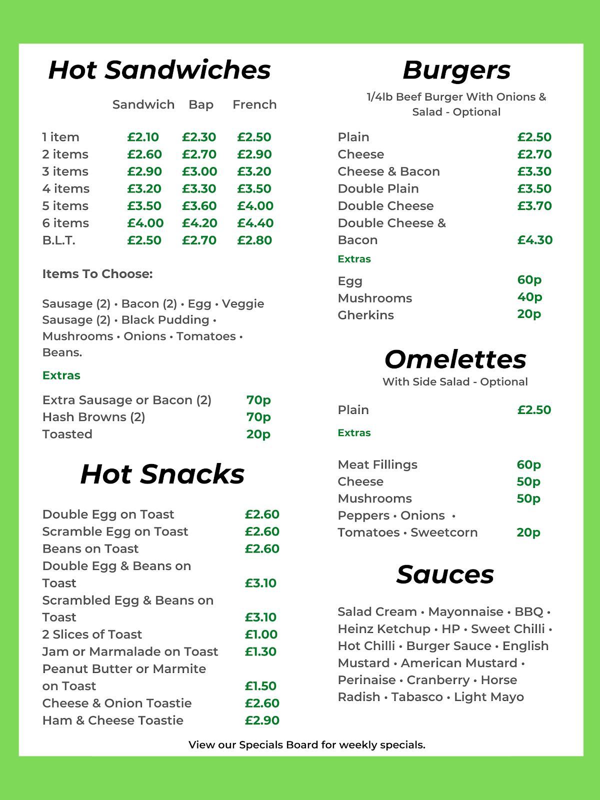 Menu at Fillers Sandwich Bar, Luton