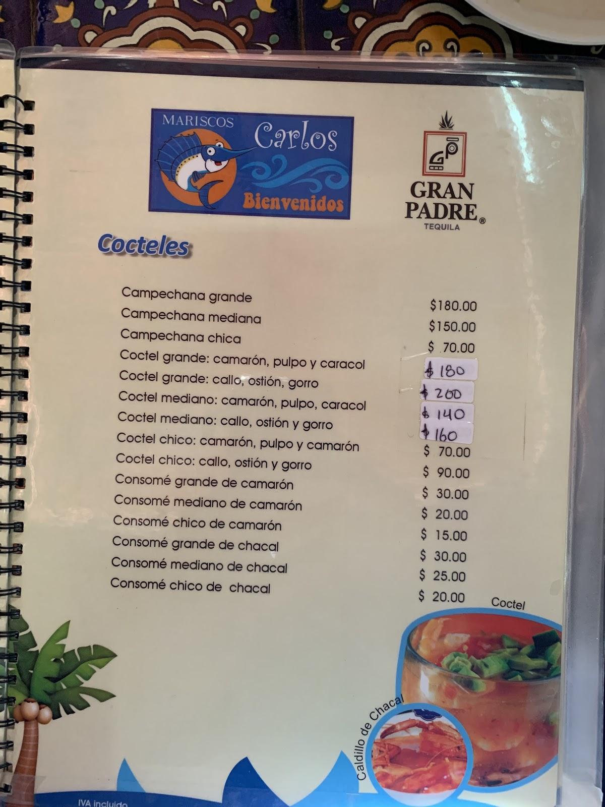 Carta del restaurante Mariscos Carlos, Manzanillo