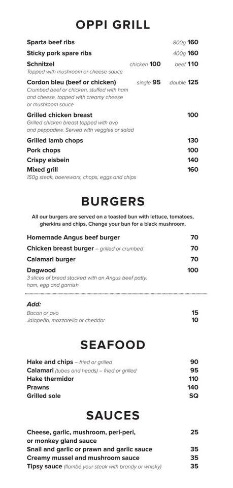Menu at Oppi Stoep restaurant, Marquard