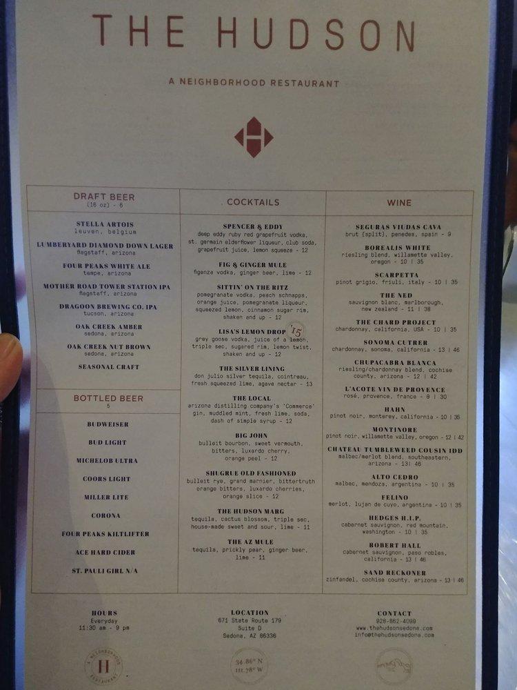Menu at The Hudson pub & bar, Sedona, 671 AZ-179 ste d