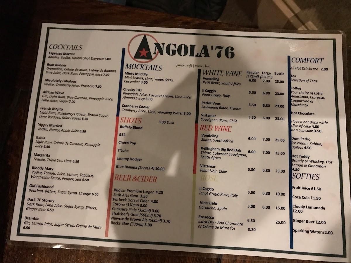 Menu at Angola 76 pub & bar, Shaftesbury