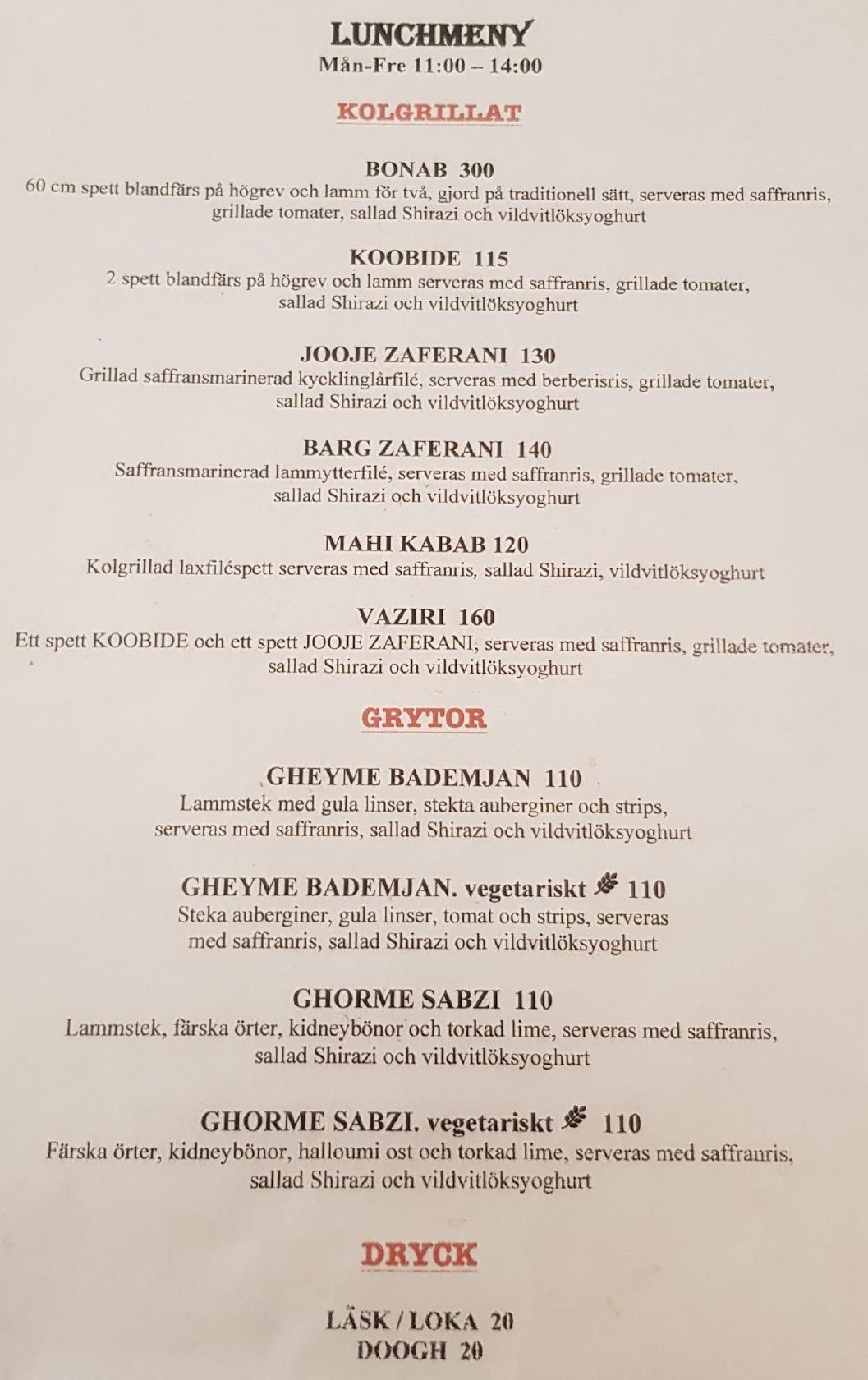 Menu at Bonab Persisk Kolgrill restaurant, Sundbyberg
