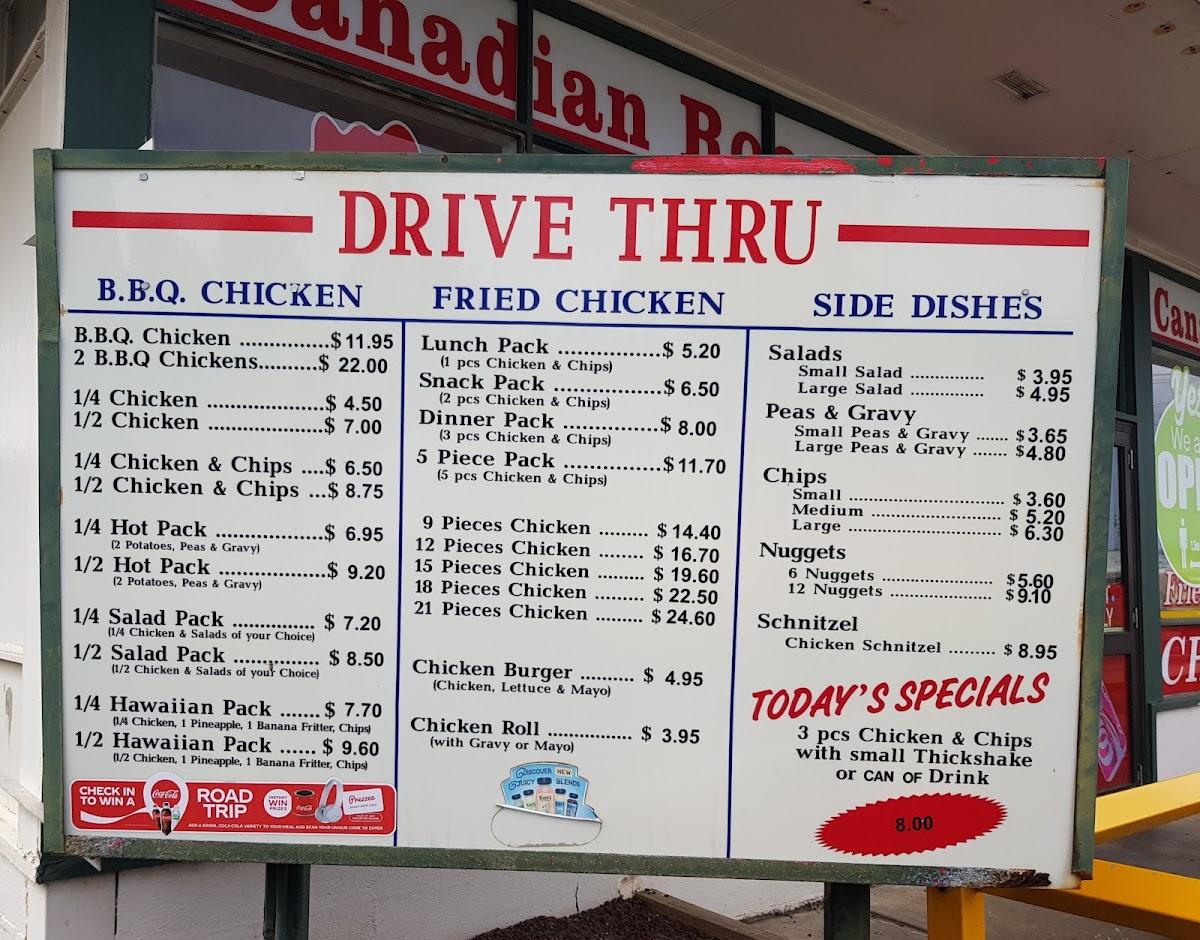 Menu at Canadian Rooster fast food, Portland