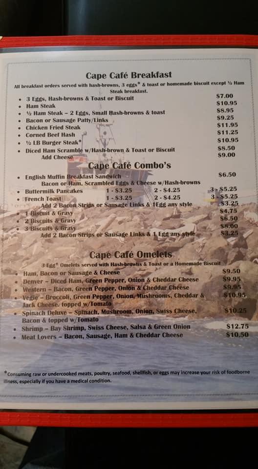Menu at Cape Cafe, Coos Bay
