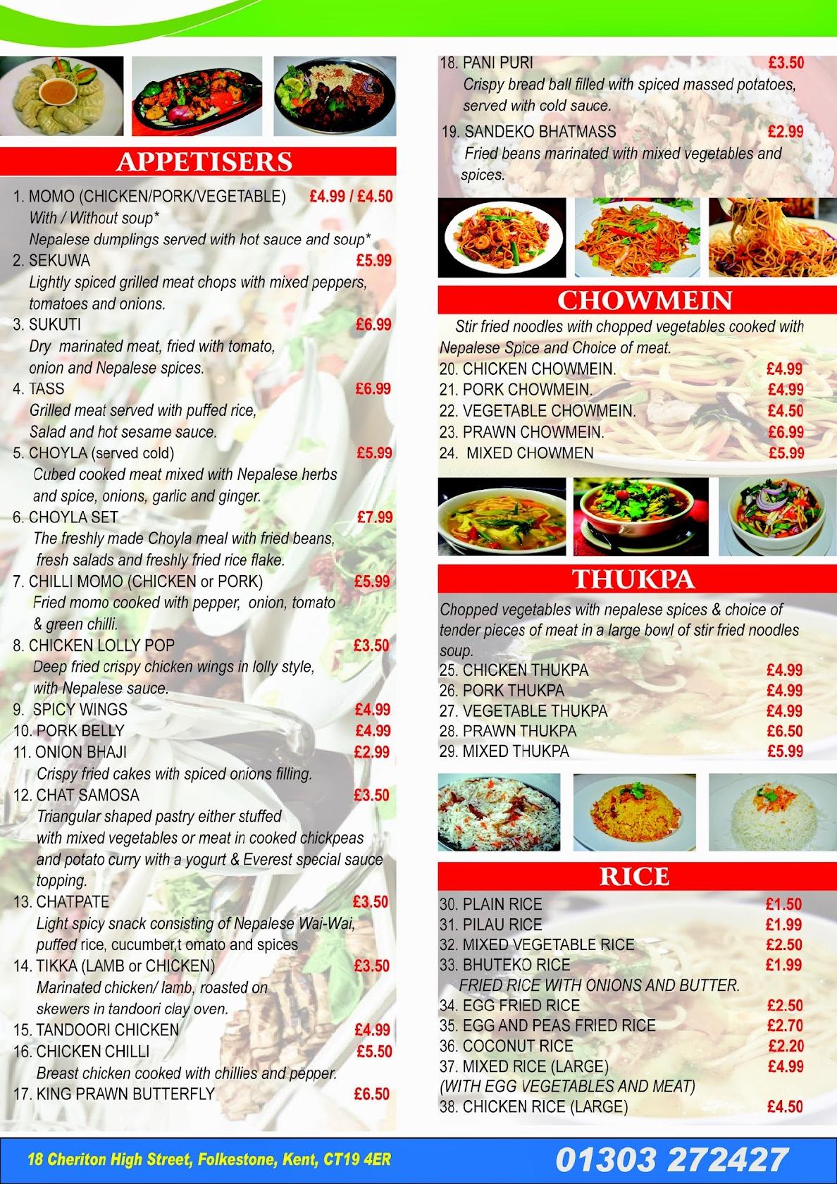 Menu at Everest Spice Fusion restaurant, Folkestone