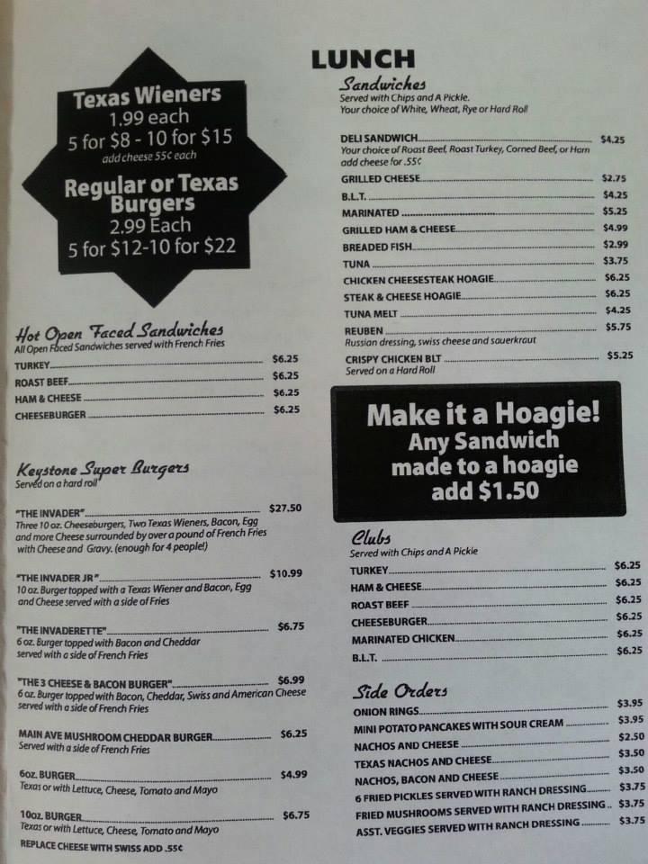 Menu at Keystone restaurant, Scranton