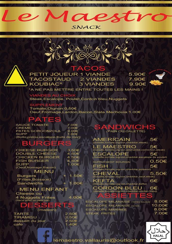 Menu at Le Maestro Vallauris restaurant, Vallauris