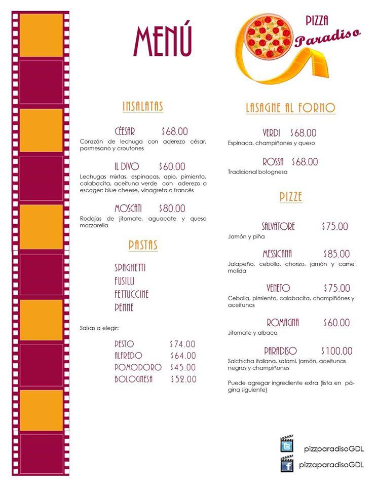Menu at Pizza Paradiso pizzeria, Guadalajara