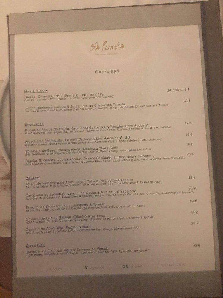 Menu at Sa Punta restaurant, Ibiza