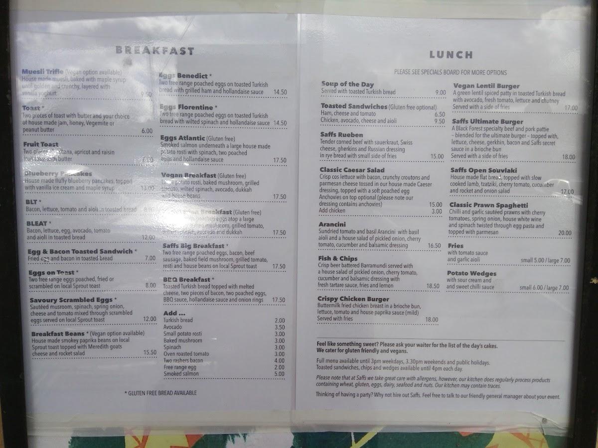 Menu at Saffs Cafe, Castlemaine