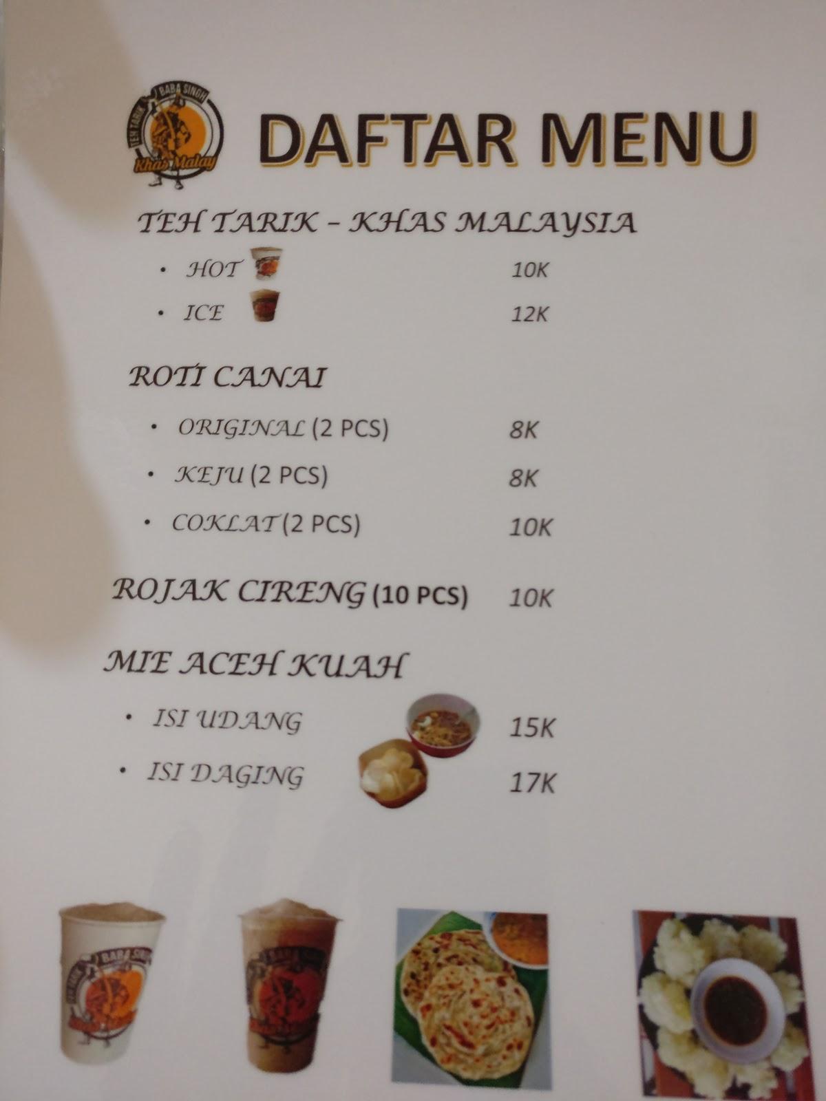 Carta del café Teh Tarik Baba Singh, Bungurasih