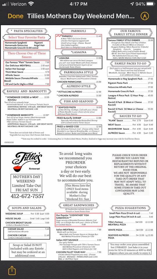 Menu at Tillie's Restaurant, McKeesport