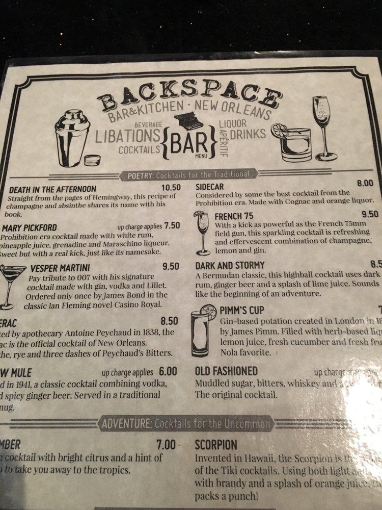 Menu at Backspace Bar & Kitchen, New Orleans