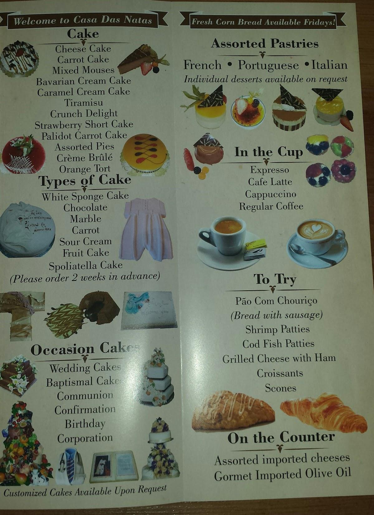 Menu at Casa Das Natas cafe, Niagara Falls