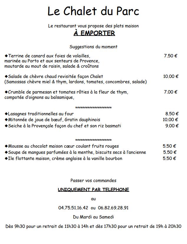 Menu au Le Chalet du Parc restaurant, Montélimar