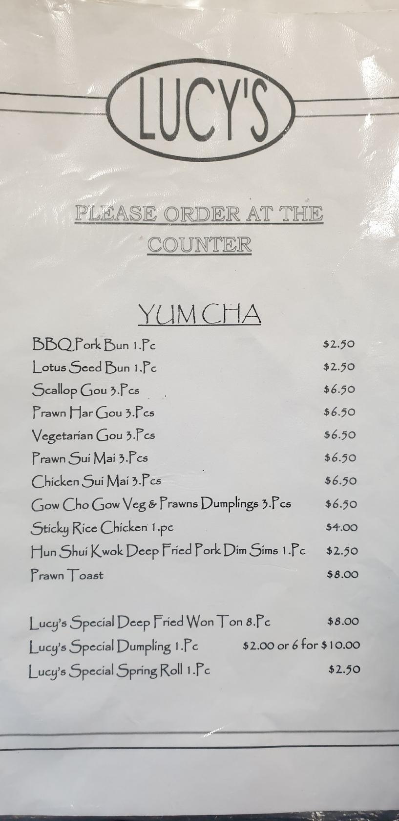 Menu at Lucy's restaurant, Mallacoota, 64 Maurice Ave