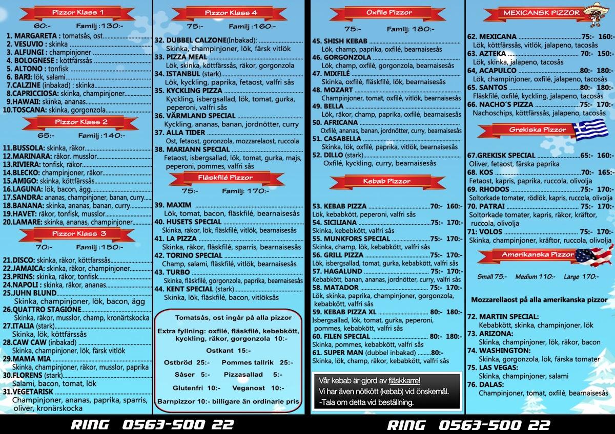 Menu at Pizzeria Torino, Munkfors, Smedsgatan 14A