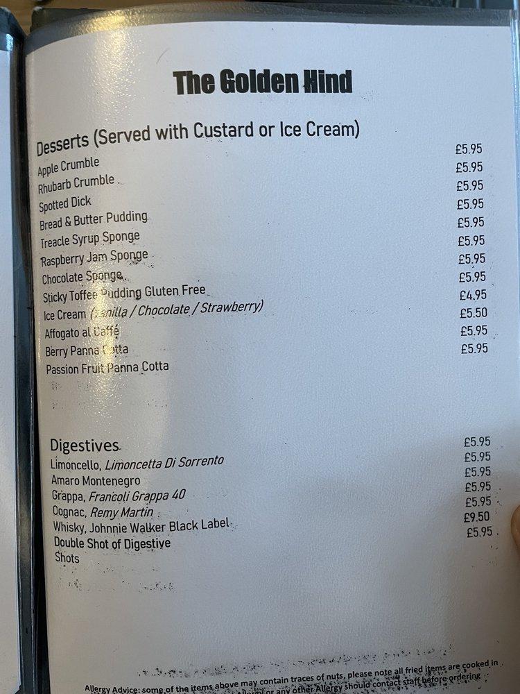 Carta de The Golden Hind Restaurant Marylebone - Fish & Chips, Londres