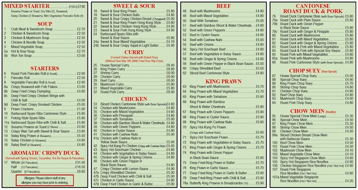Menu at Wickford Chinese Takeaway fast food, Wickford