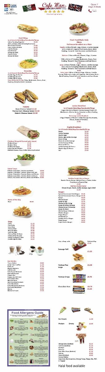 Menu at Cafe Max, Milton Keynes