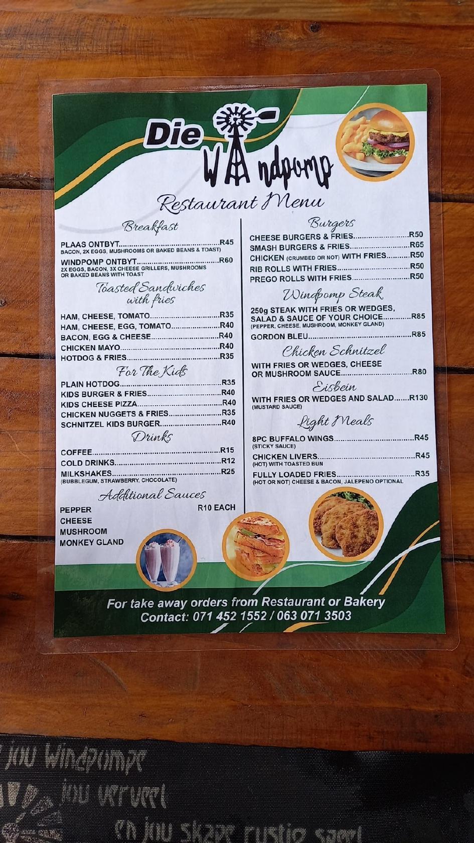 Speisekarte von Die Windpomp Pub & Grill, Randfontein