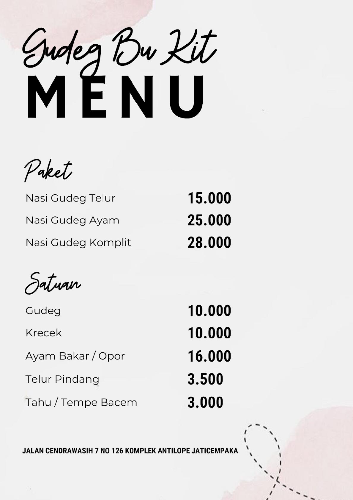 Menu at Gudeg "Bu Kit" restaurant, Bekasi Regency