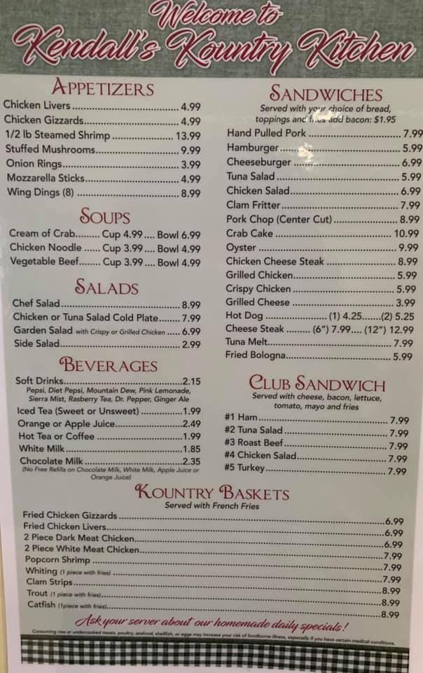 Menu at Kendall's Kountry Kitchen restaurant, Onley, Charles M Lankford ...
