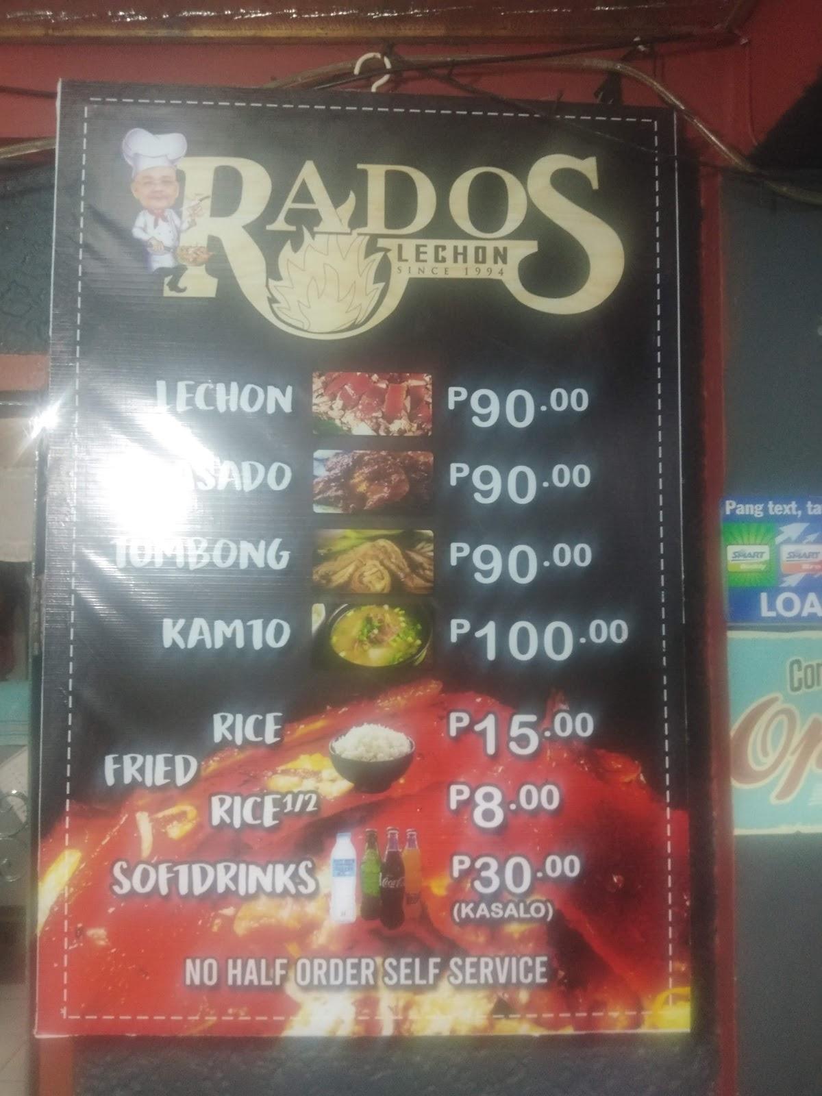 Menu at Rado's Lechon since1994 restaurant, Manila