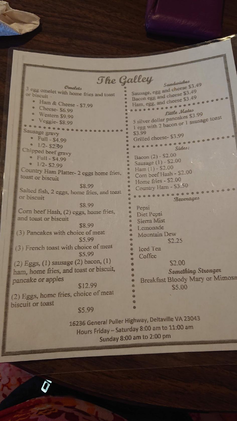 Menu at The Galley restaurant, Deltaville