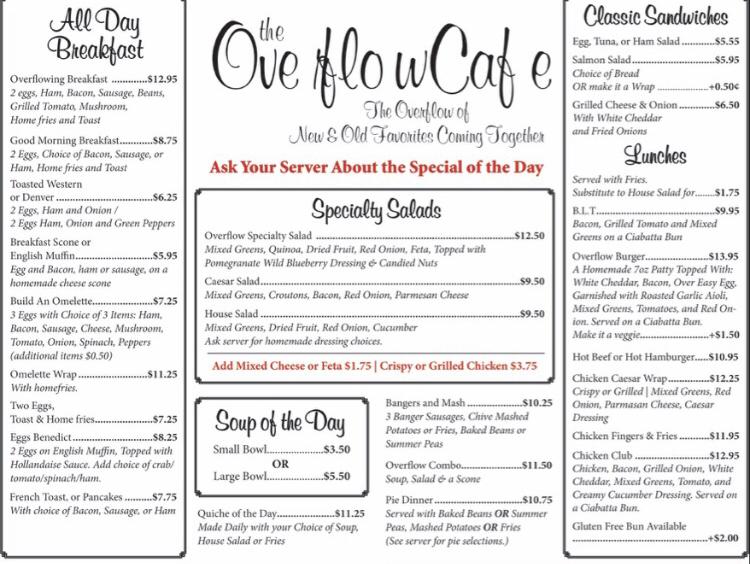 Carta de The Overflow Café, Sarnia