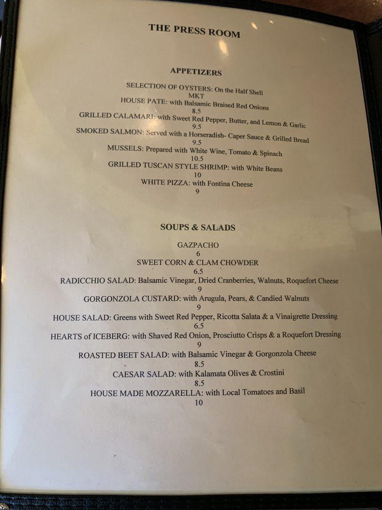 Menu at Press Room restaurant, Shepherdstown