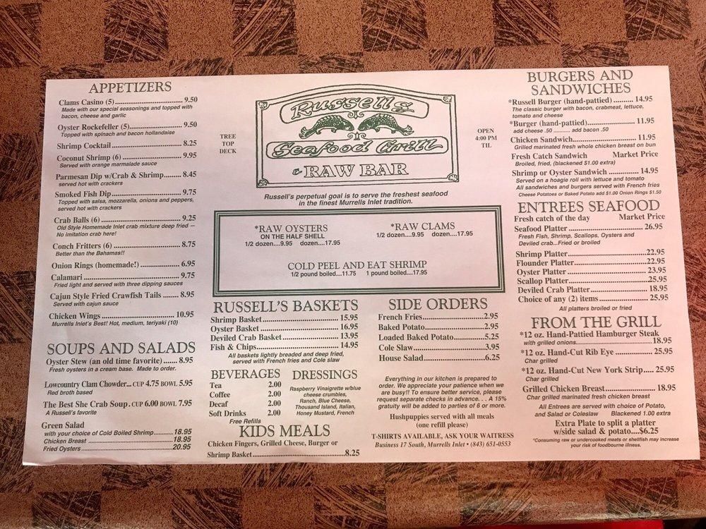Menu at Russell's Seafood Grill restaurant, Murrells Inlet